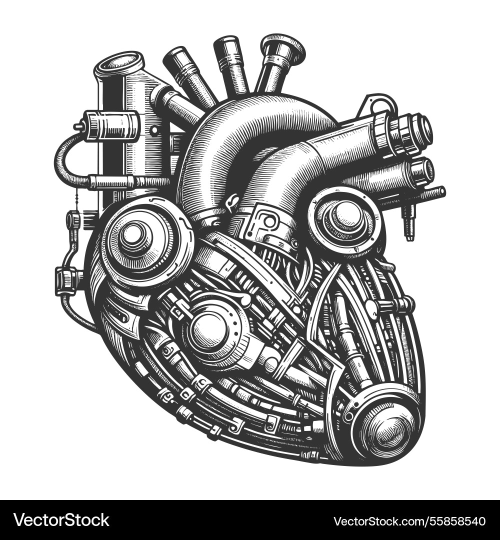 Steampunk mechanical heart engraving raster Vector Image