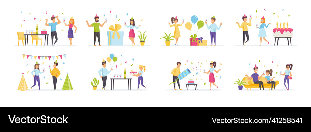 Birthday party set with people characters Vector Image