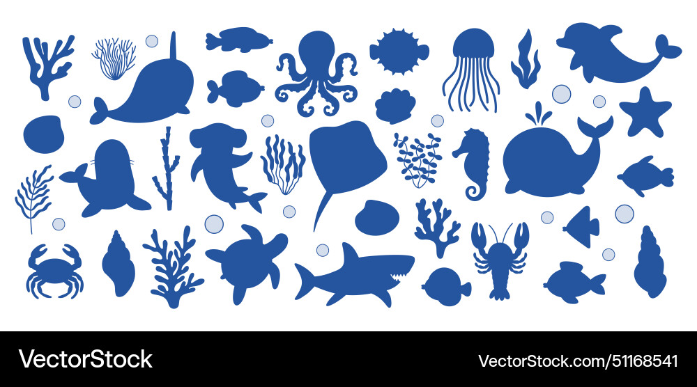 Stencil sea life animals shells corals seaweed Vector Image