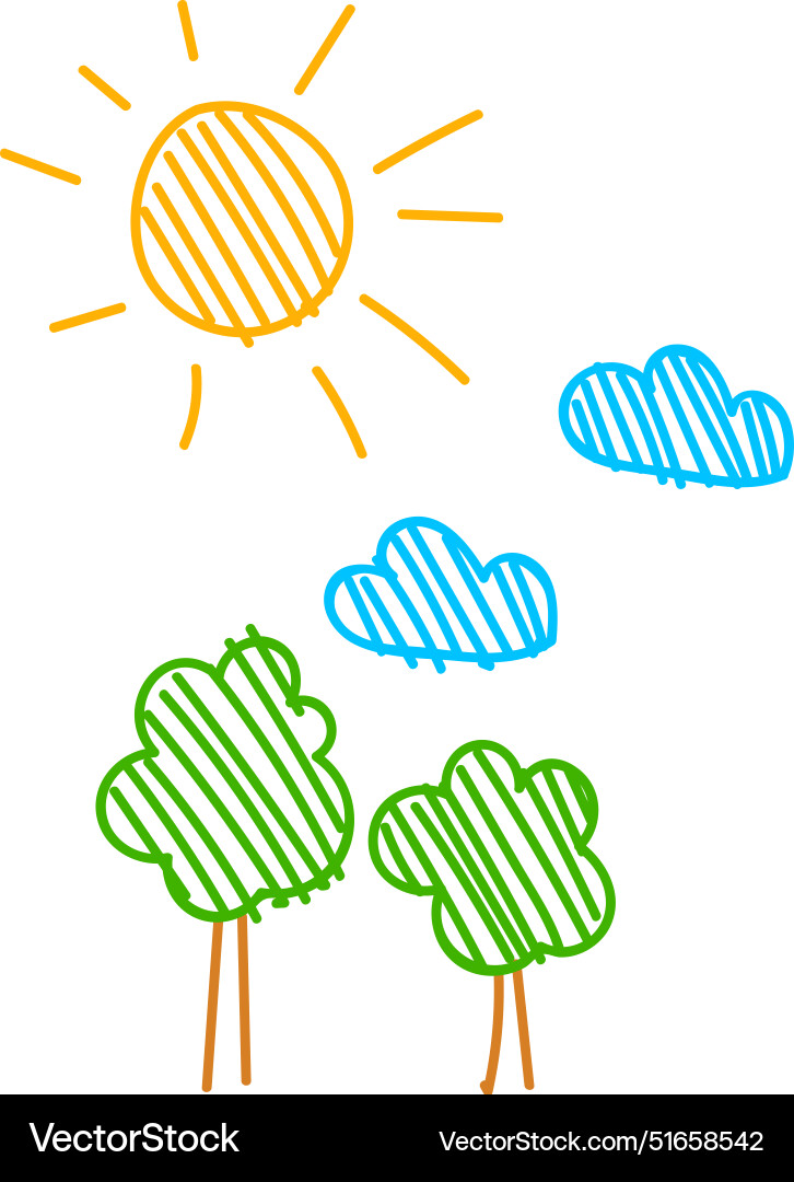 Childlike drawing sun clouds trees colorful Vector Image