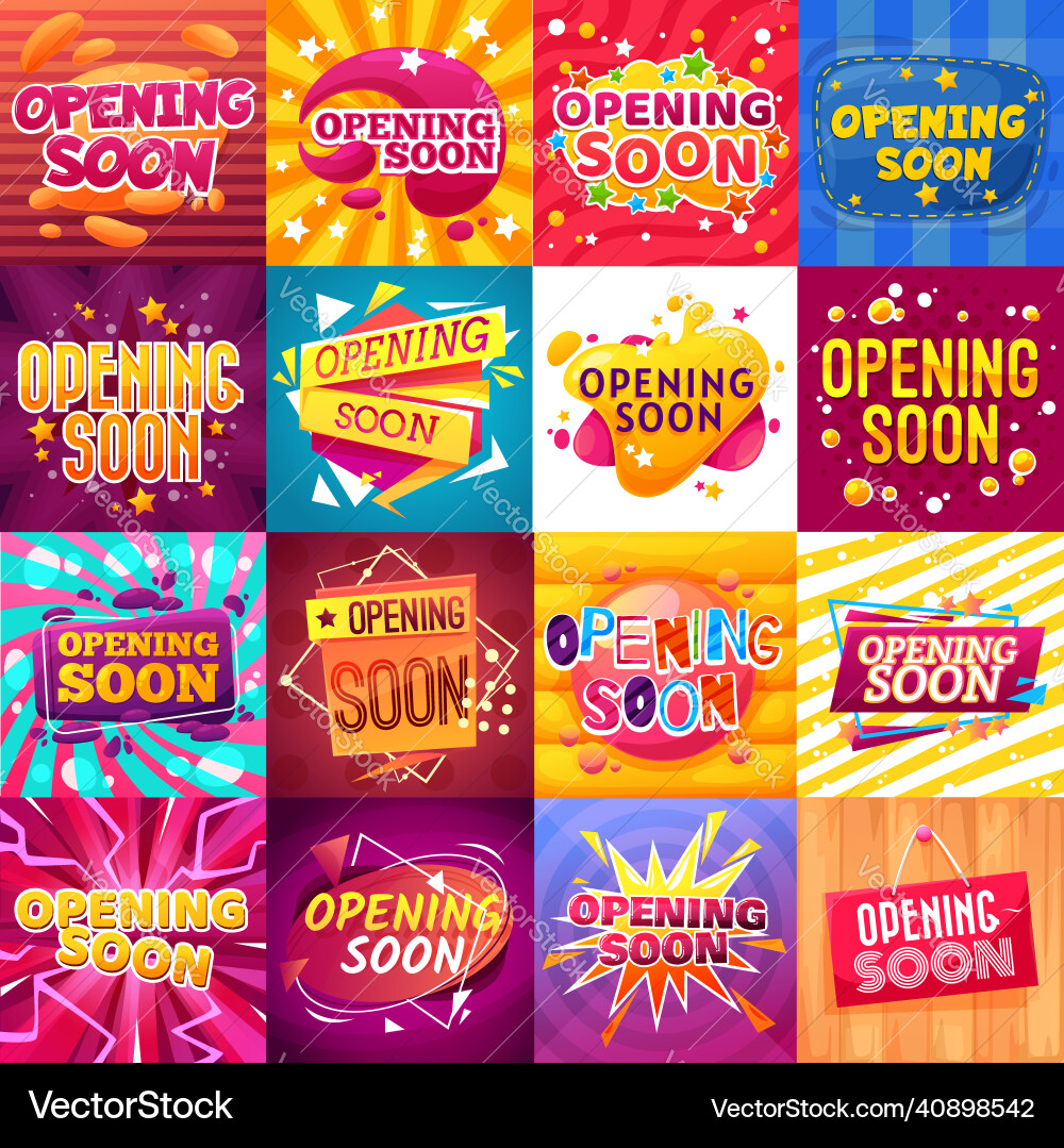 Opening soon cartoon banners promo tags Royalty Free Vector