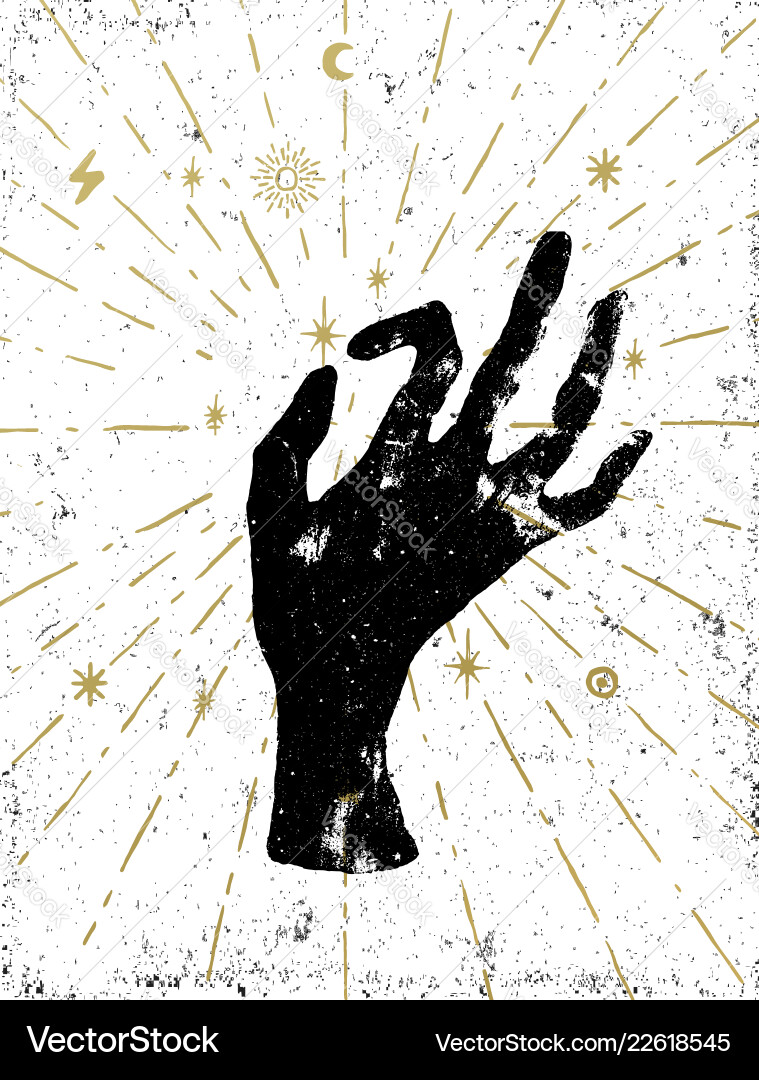 Black witchs hand with light rays and symbols Vector Image
