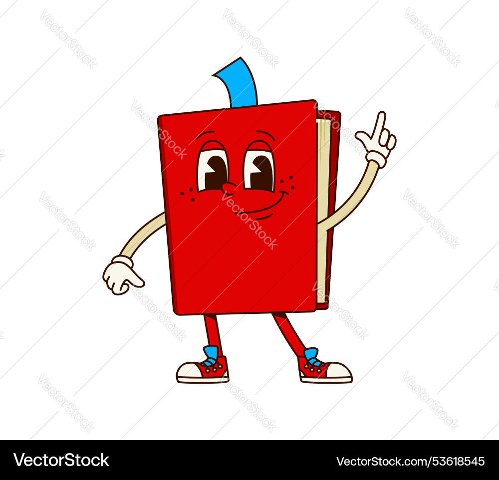 Book groovy retro character with finger up gesture