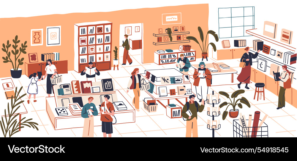 Book store interior with shelves customers Vector Image