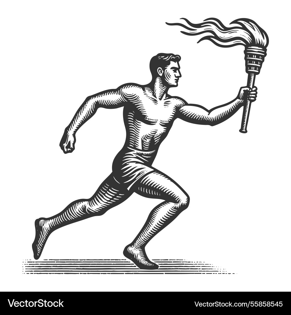 Runner carrying flaming torch engraving raster Vector Image