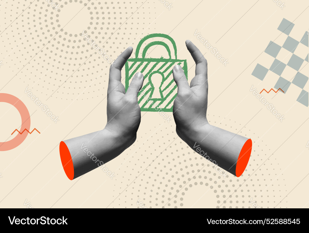 Security padlock and human hands in retro collage Vector Image