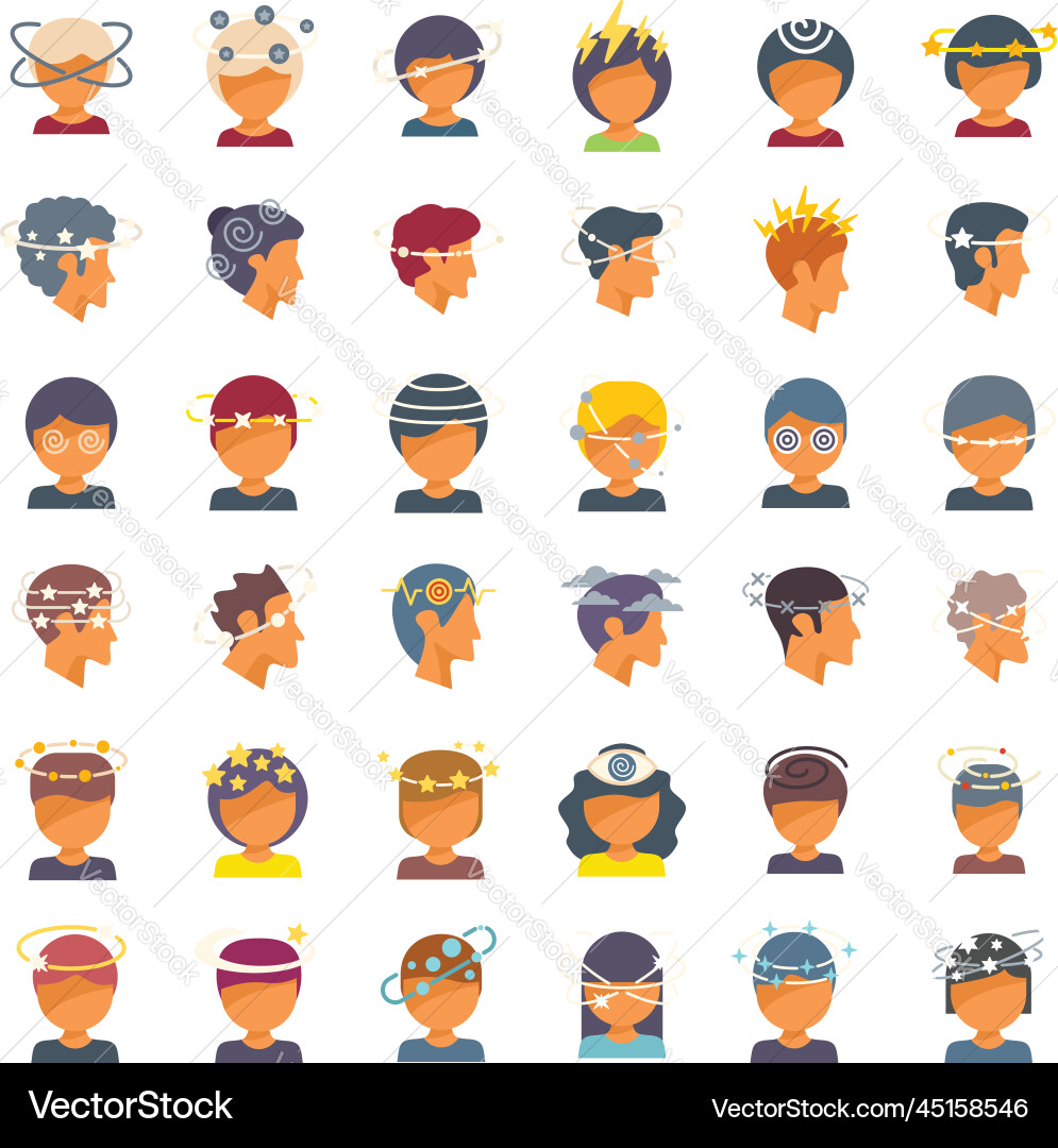 Dizziness icons set flat brain headache Royalty Free Vector