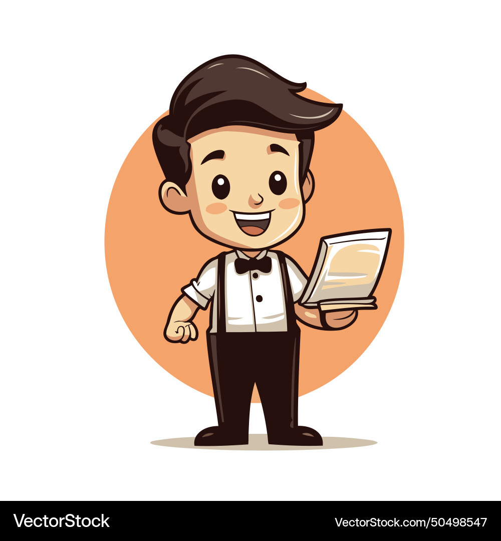 Cute cartoon waiter holding menu isolated Vector Image