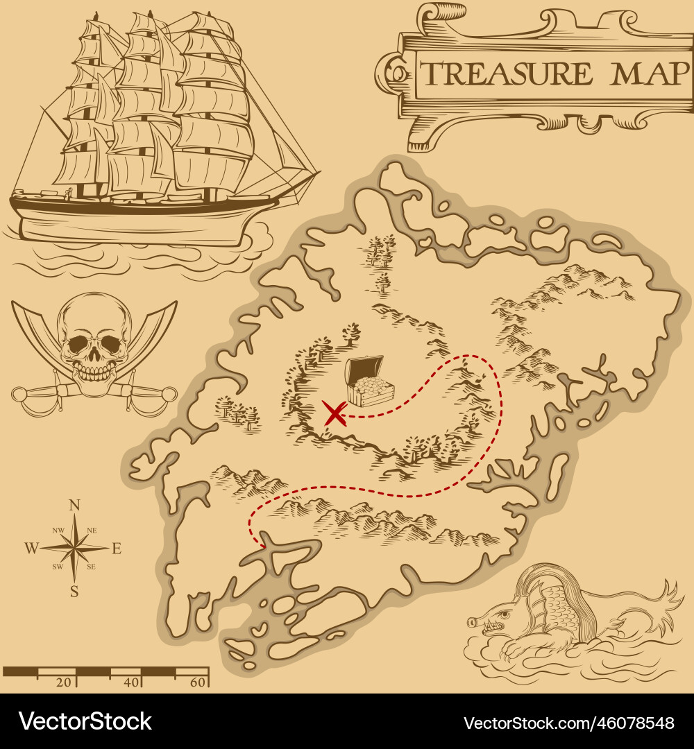 Old treasure map Royalty Free Vector Image - VectorStock