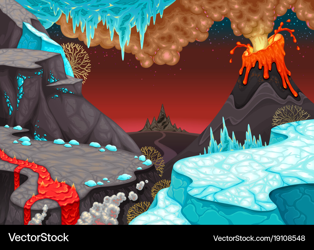 prähistorische Landschaft mit Feuer und Eis Vektorbild