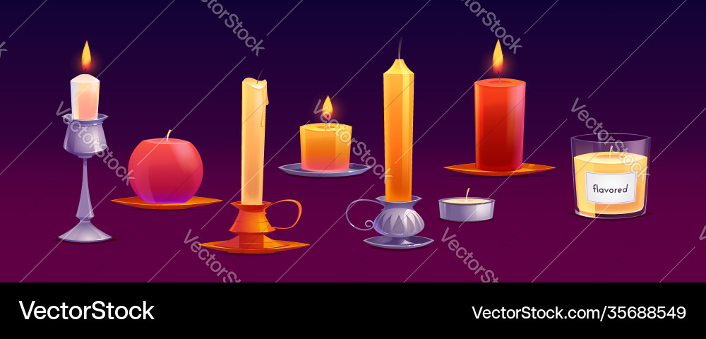 Burning wax candles different shapes with fire Vector Image
