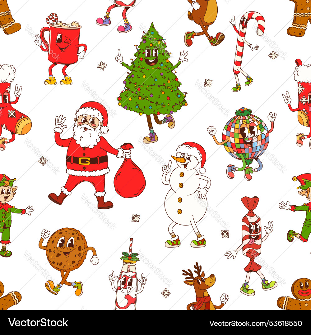 Groovy funny christmas characters seamless pattern