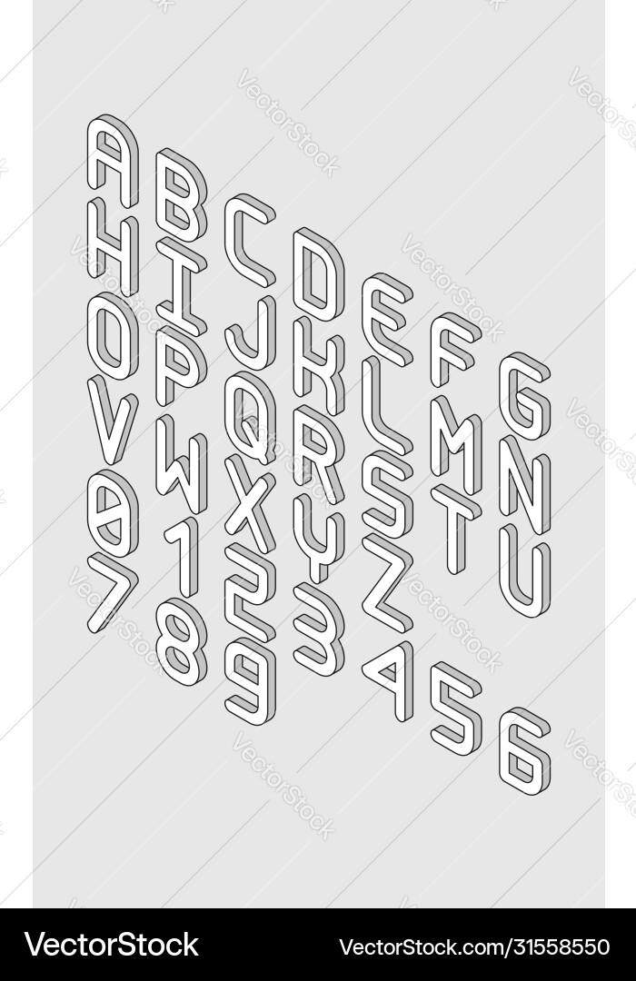 White vertical isometric font alphabet from right Vector Image