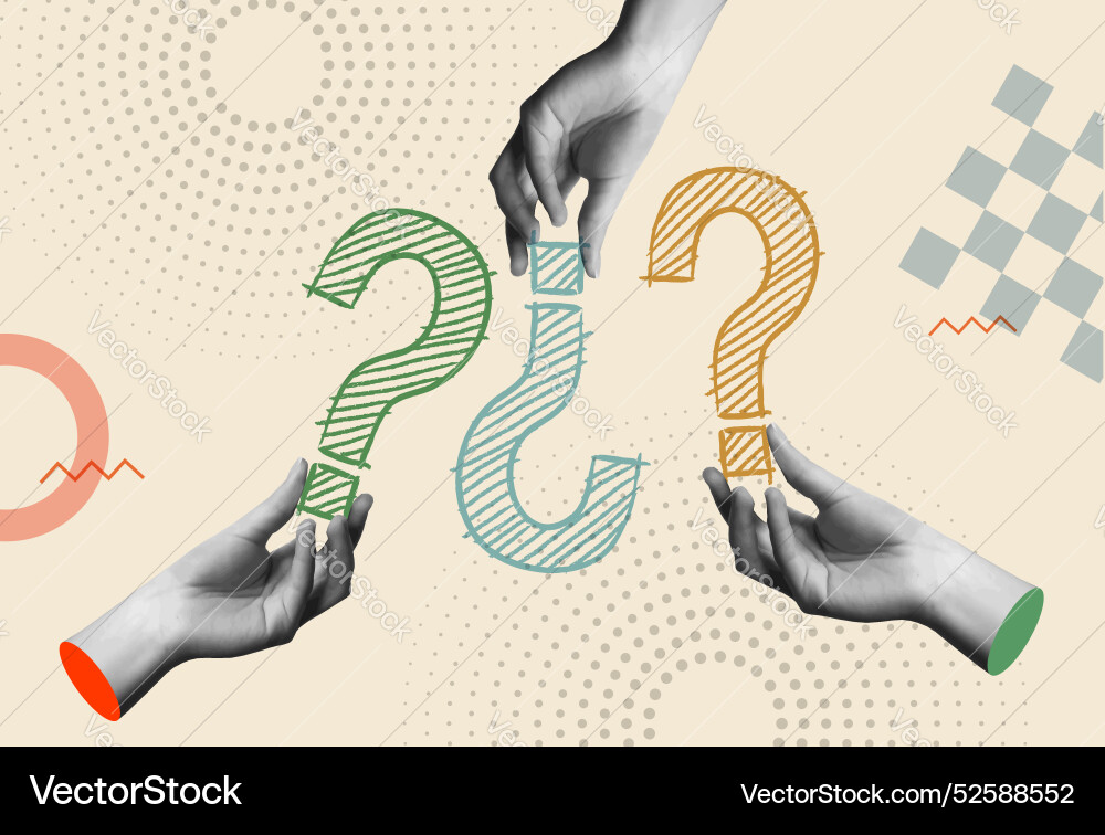Question marks and human hands in retro collage Vector Image