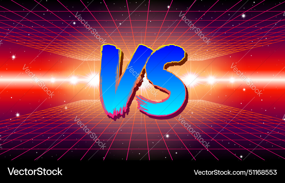 Vs sign in 80s game style with synthwave landscape