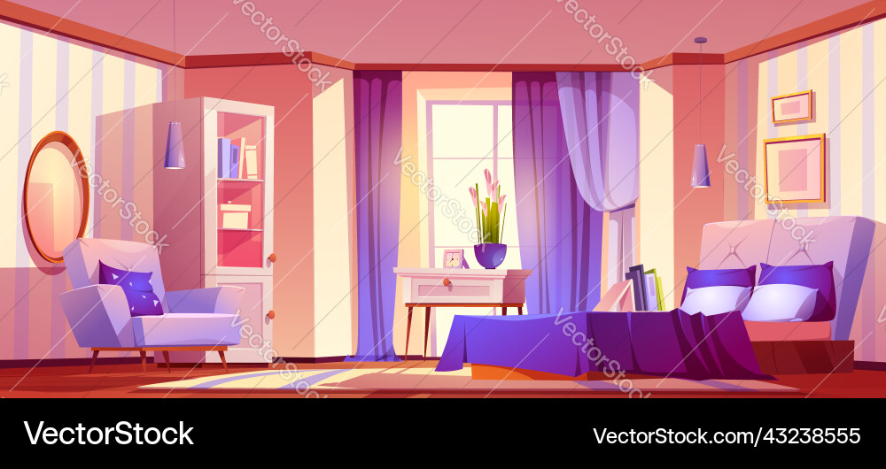 Pink bedroom interior with purple decor empty room