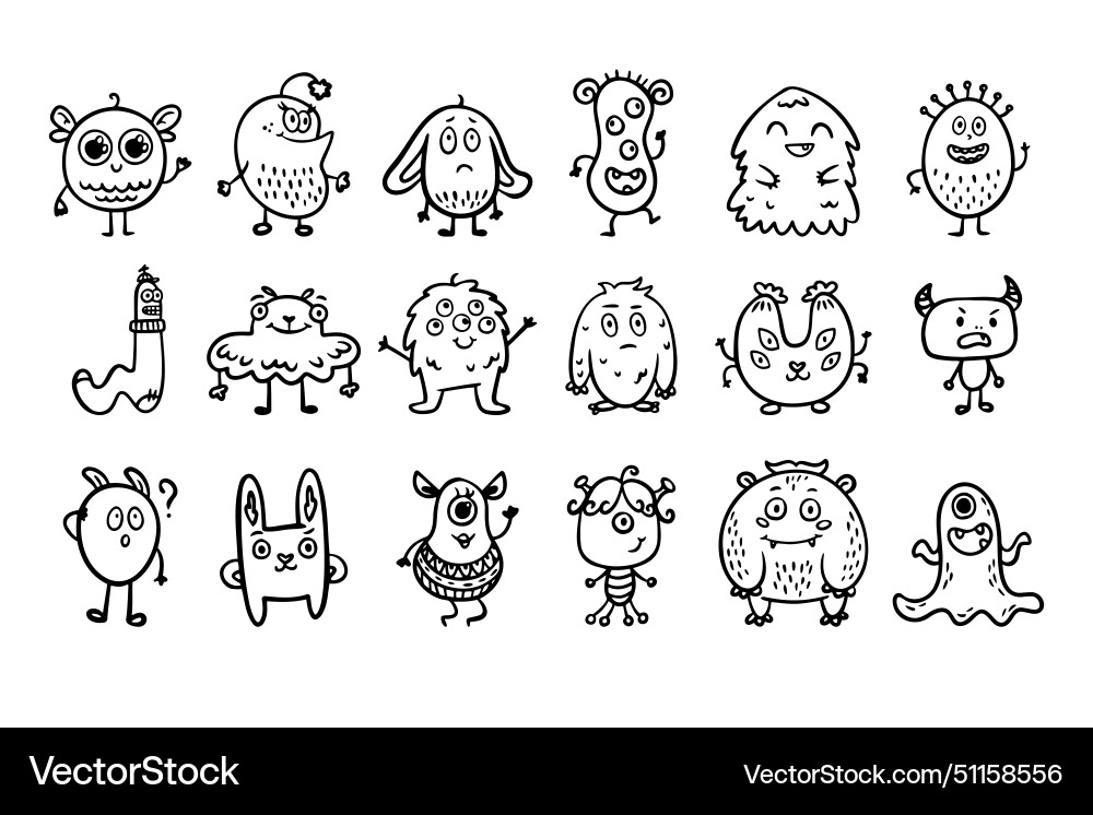 Monster alien doodle set funny and cutes Vector Image