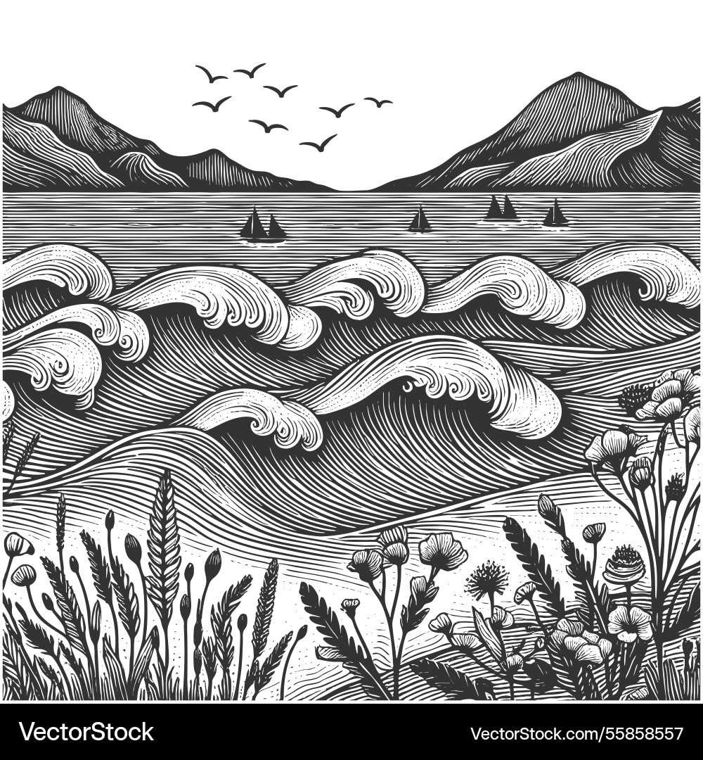 Ocean waves and sunset engraving sketch Royalty Free Vector