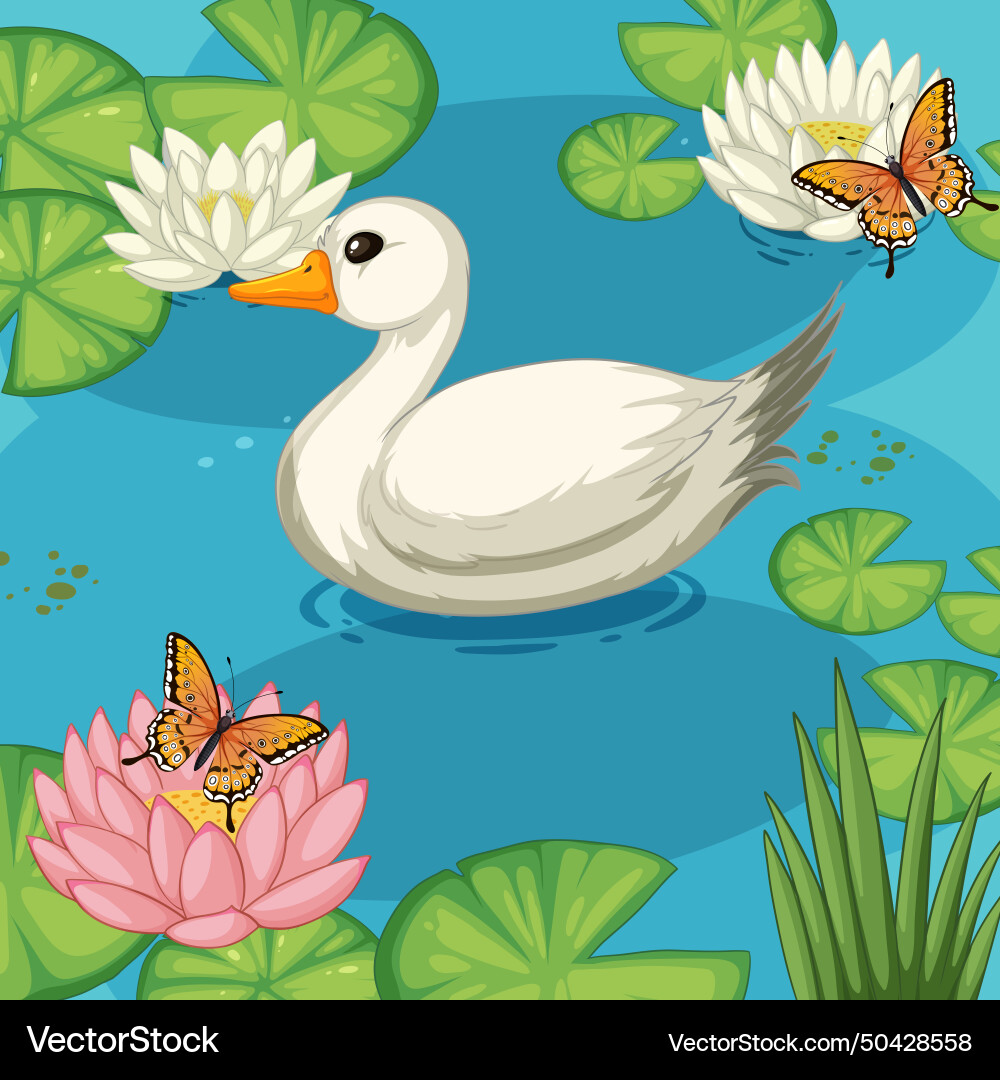 Duck with butterflies over water Royalty Free Vector Image