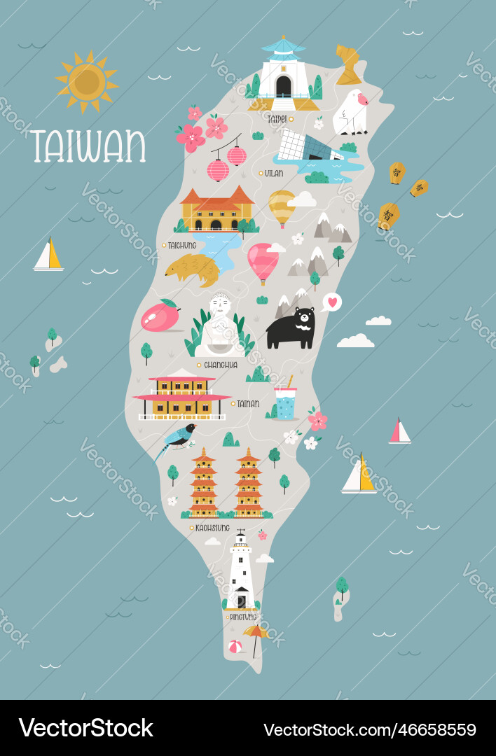Taiwan map with famous symbols landmarks Vector Image