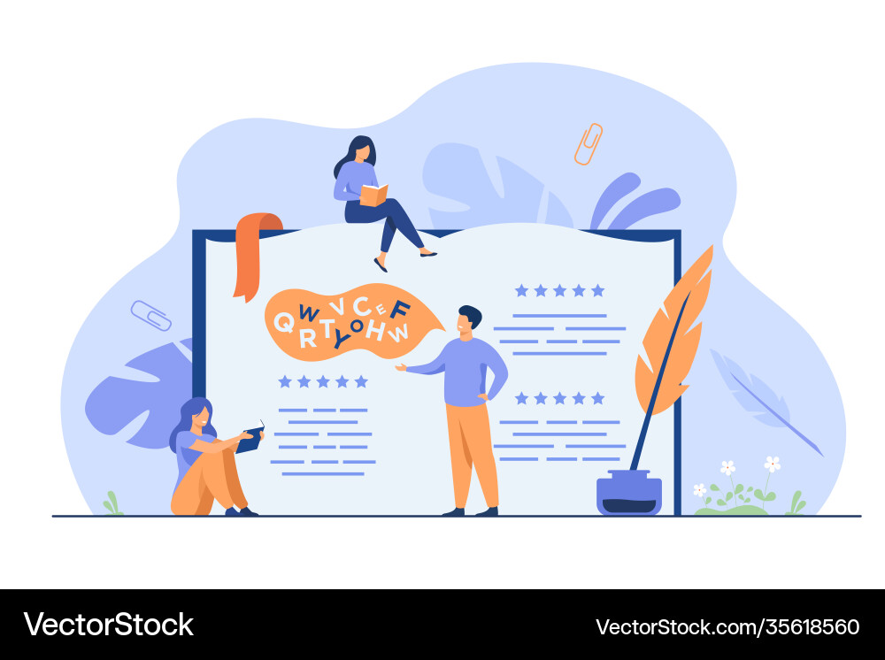 Tiny people reading and writing poetry or poem Vector Image