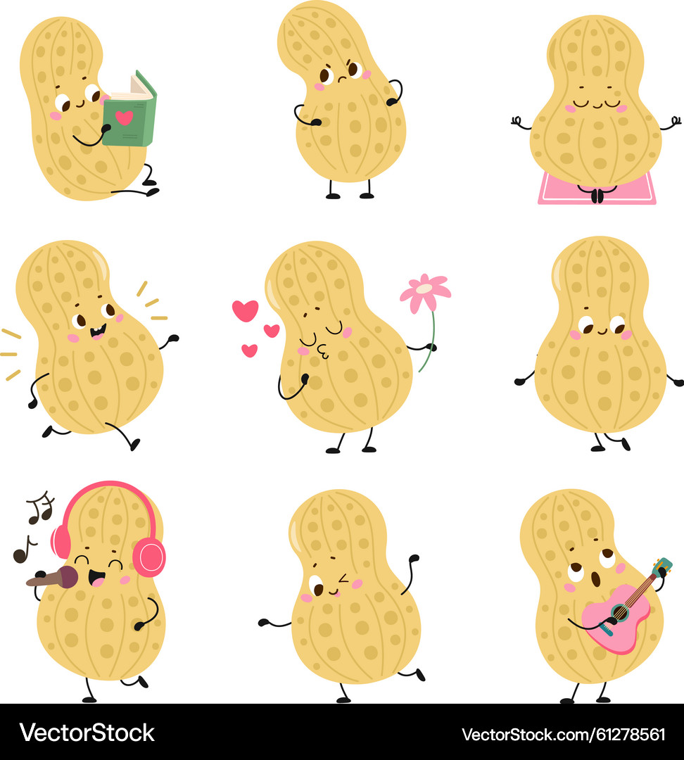 Cute Peanut Characters - Diverse Poses – Royalty-Free Vector | VectorStock