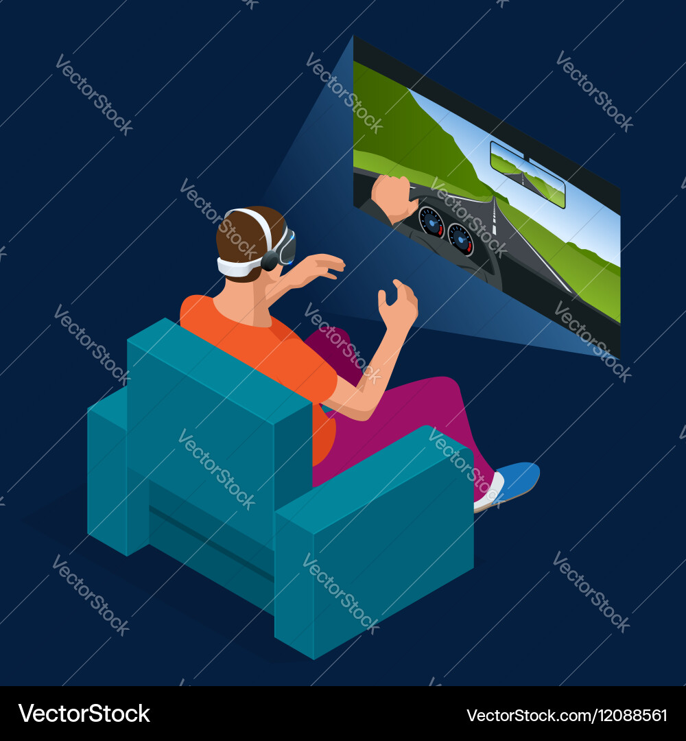 Young man is playing racing video game in 3d Vector Image
