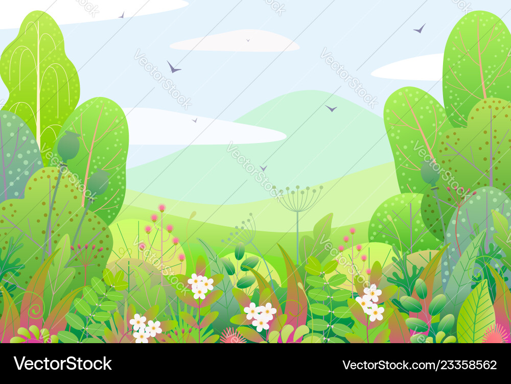 Floral border and spring landscape Royalty Free Vector Image