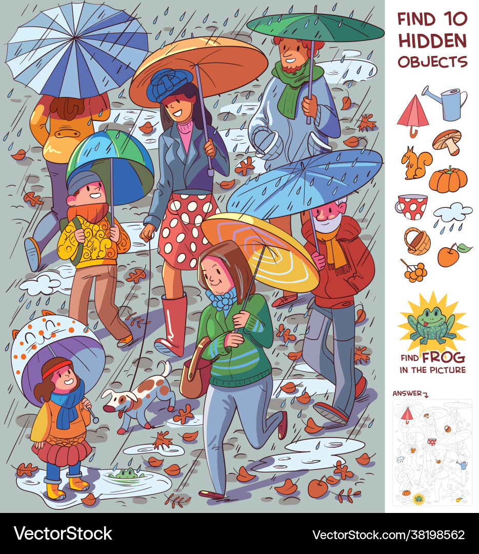 Rainy Day Puzzle: Find 10 Hidden Objects Vector Image