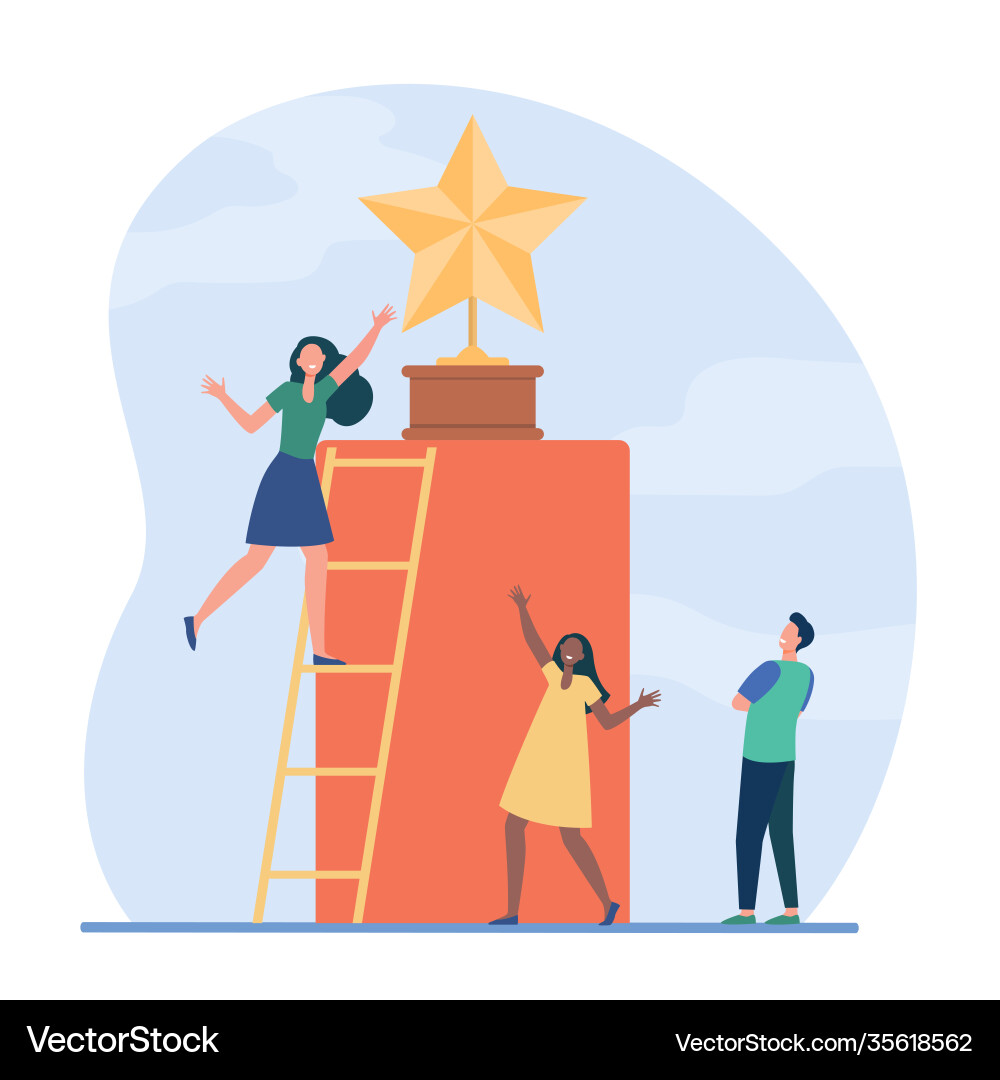 Tiny people trying to get golden star Royalty Free Vector