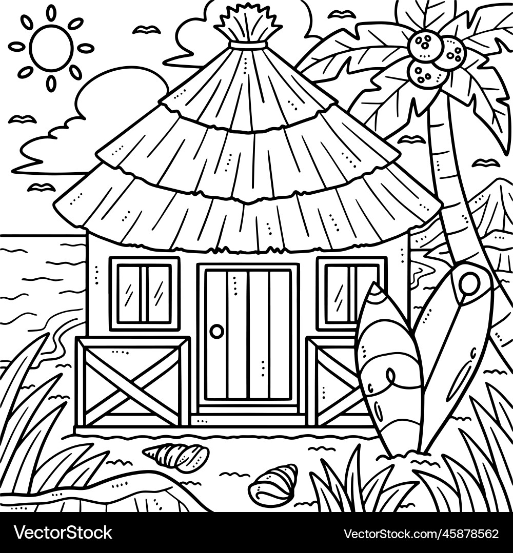 Tropical Hut Coloring Page Royalty Free Vector Image