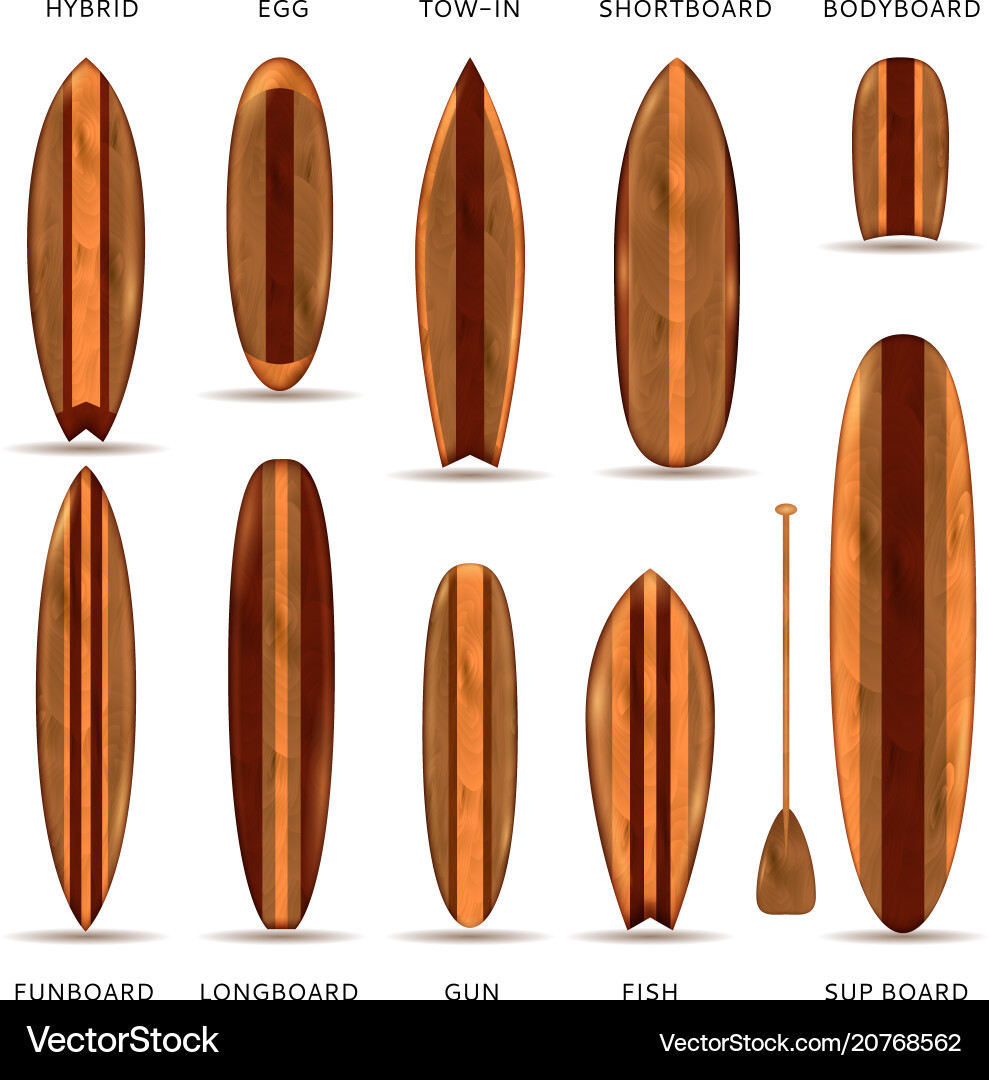 Wooden surfboards realistic set Royalty Free Vector Image