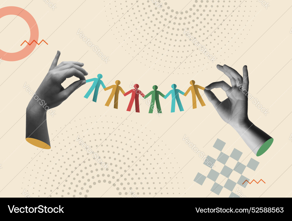 People holding hands in 80s retro collage Vector Image
