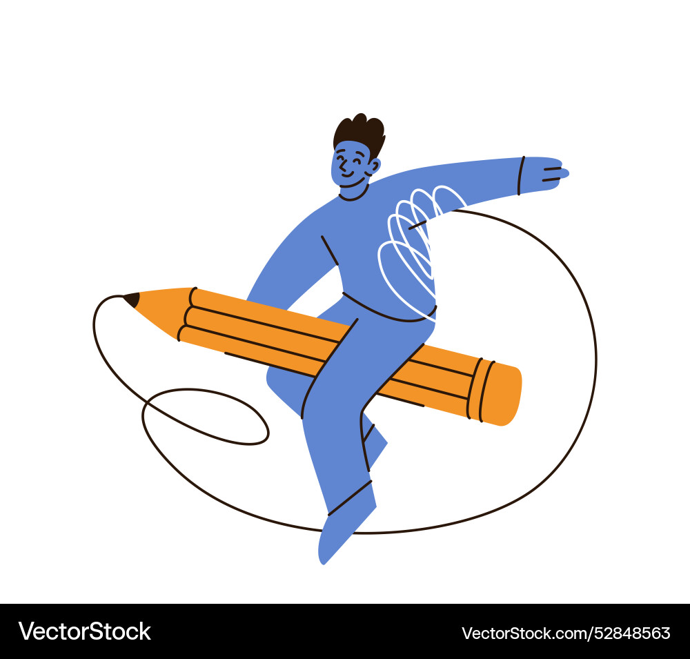 Young man fly on yellow pencil Royalty Free Vector Image