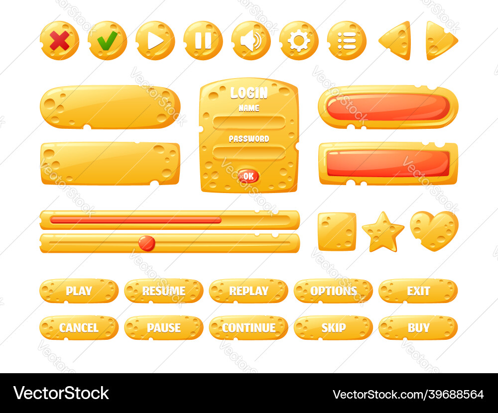 Cheese game ui buttons cartoon menu interface Vector Image