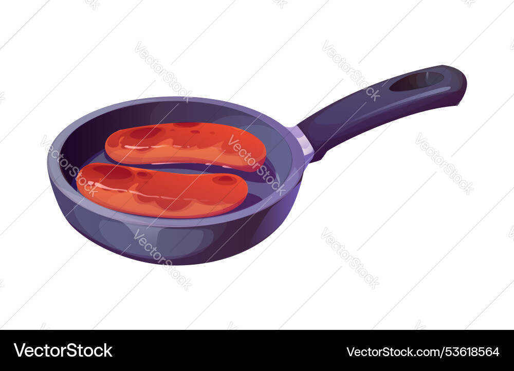 Frying pan with two sausages sizzling inside Vector Image