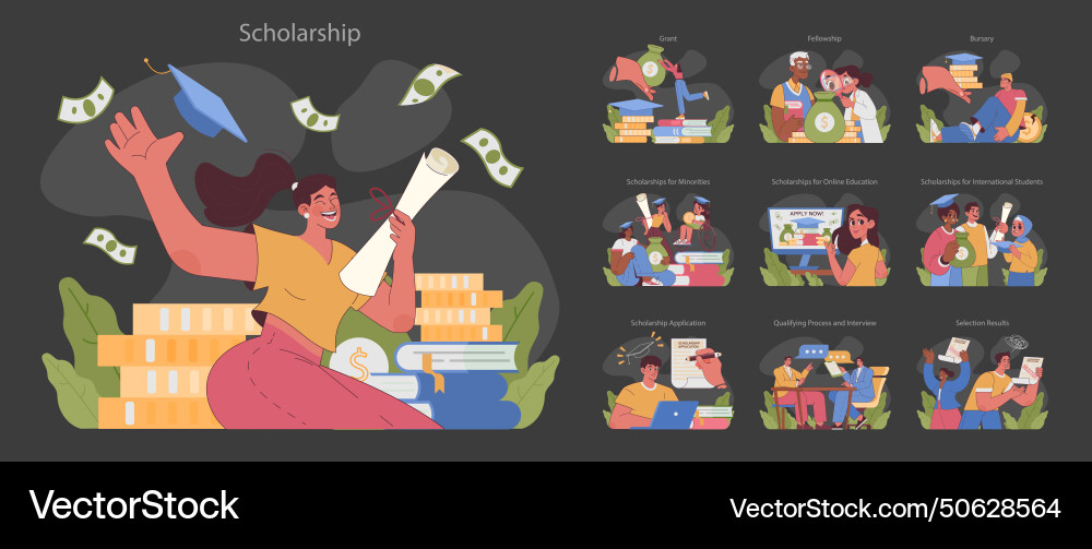 Scholarship set flat Royalty Free Vector Image