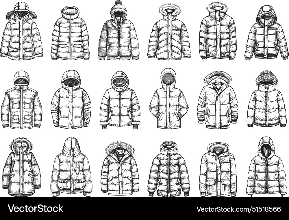 Different winter jackets doodle style hand-drawn Vector Image