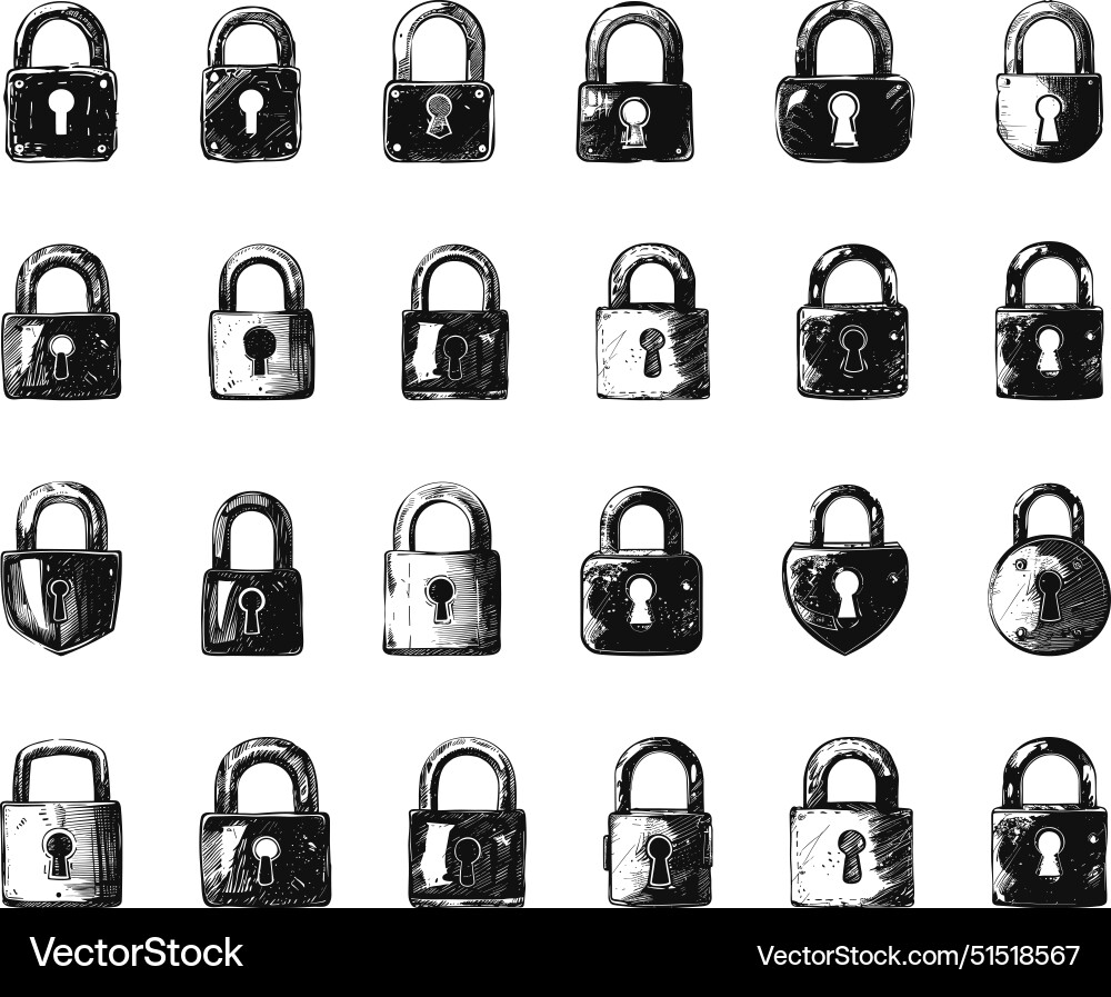 Doodle different padlocks icons set hand drawn Vector Image