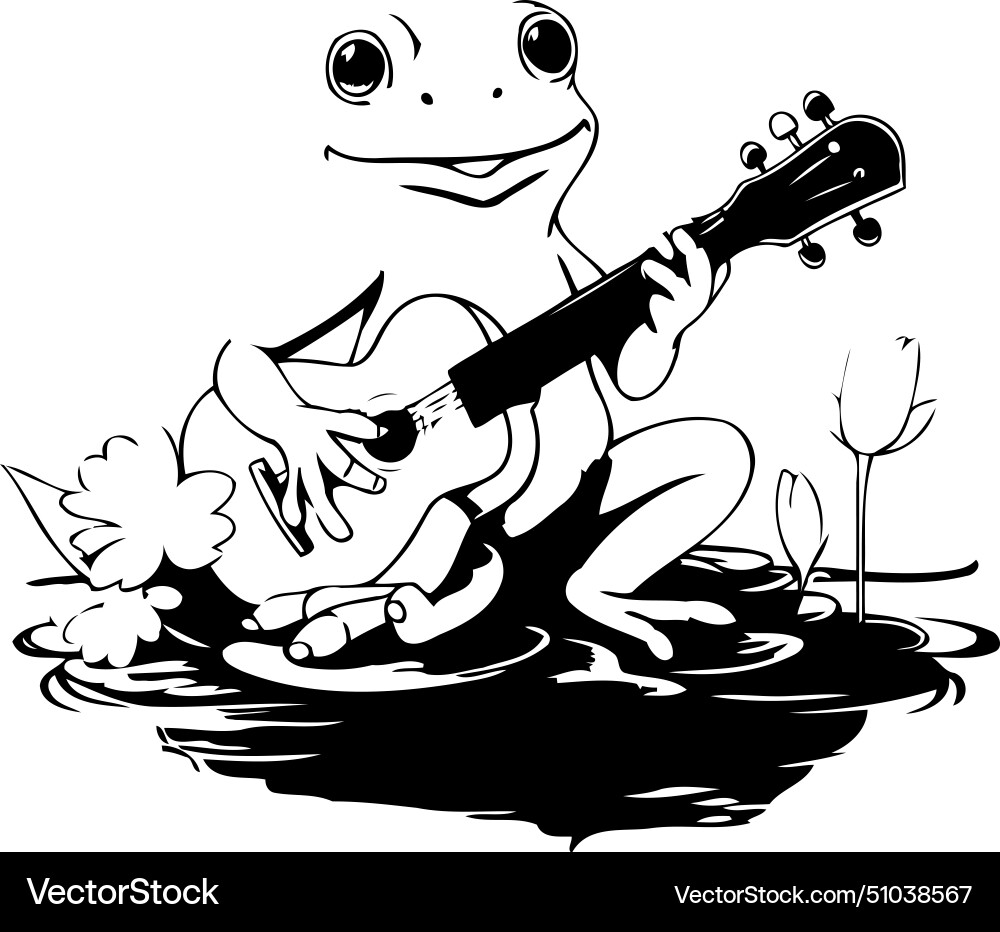 Frog Playing Guitar On A Pond With Lilies Vector Image