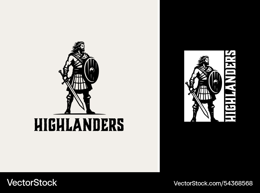 Scottish highlander hero warrior sword shield logo