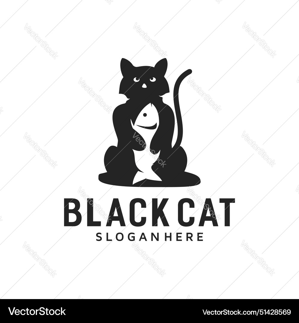 Cat eating fish logo design silhouette Royalty Free Vector