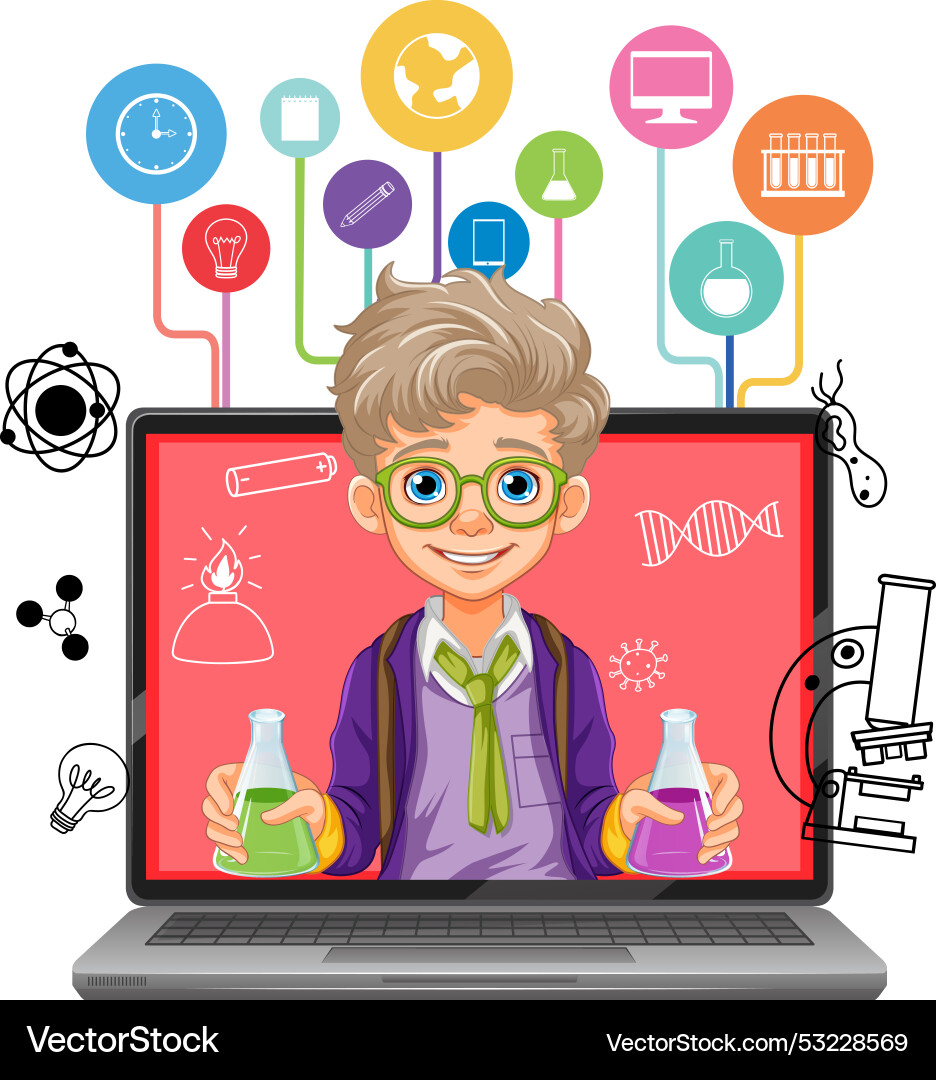 Child holding beakers surrounded by science icons Vector Image
