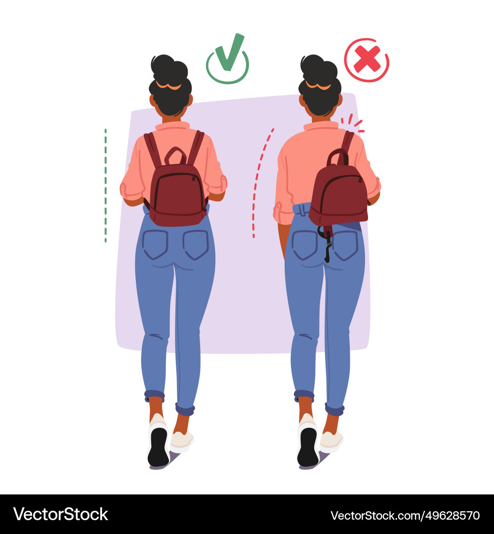 Girl burdened by a backpack displays improper Vector Image