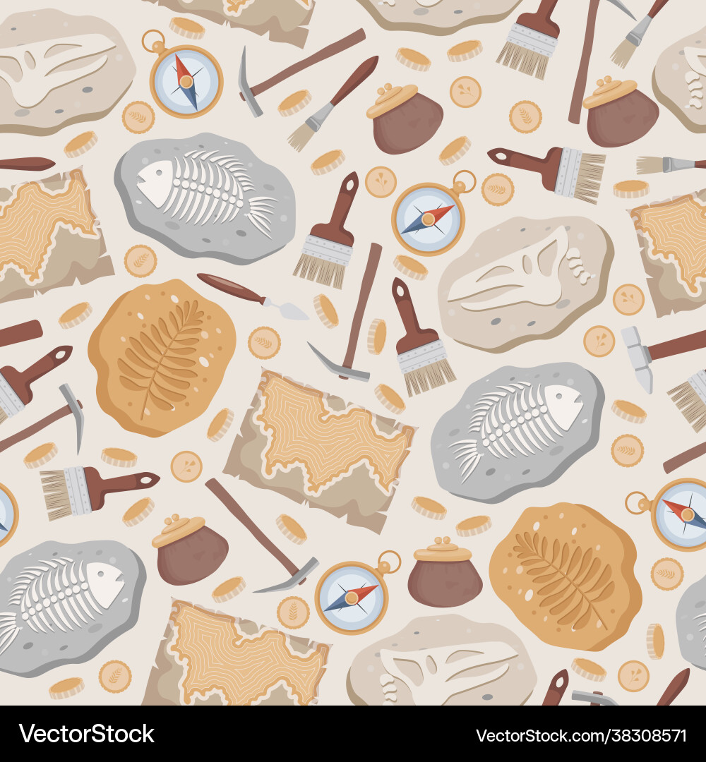 Fossil fish and dinosaurs skeletons maps compass Vector Image