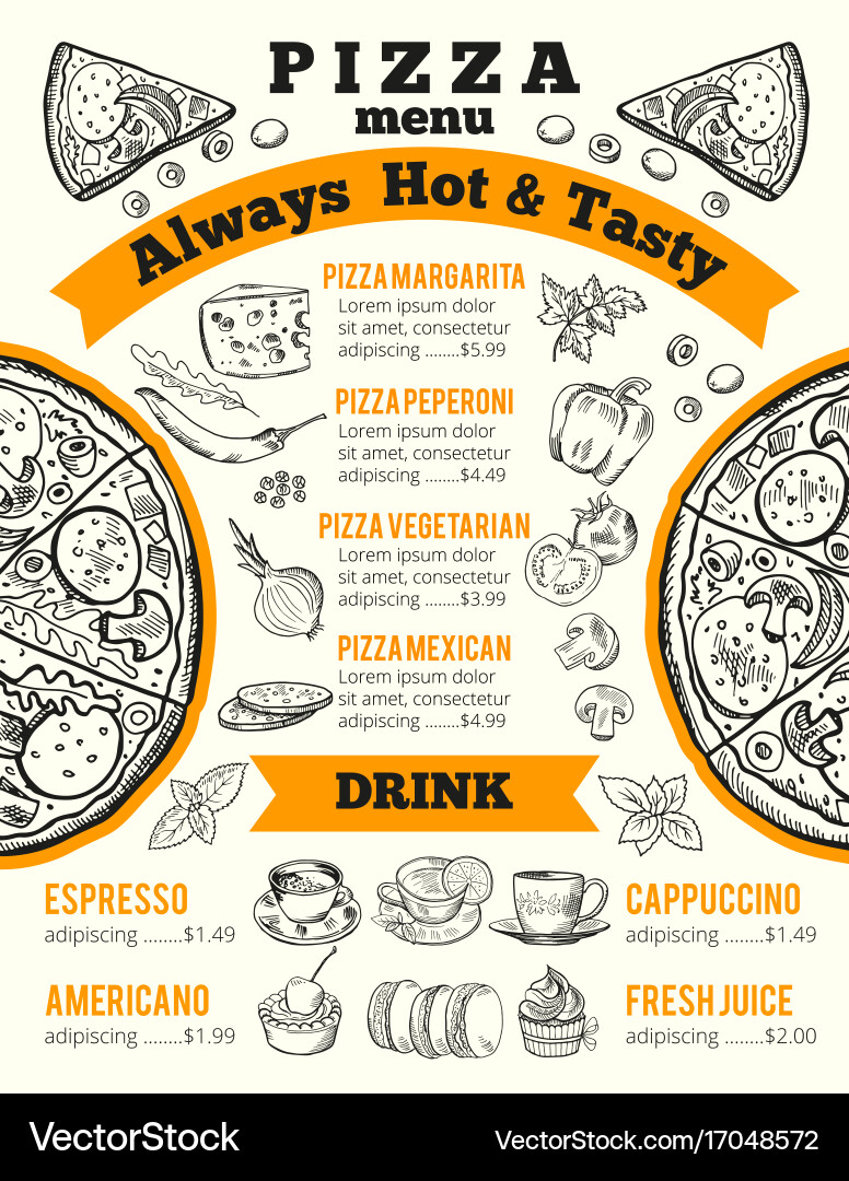 Design template for pizzeria menu Royalty Free Vector Image