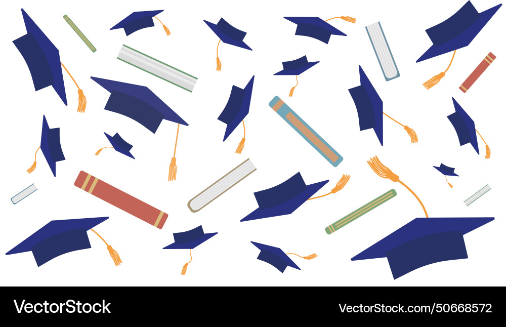 Flying graduation caps with tassels books Vector Image