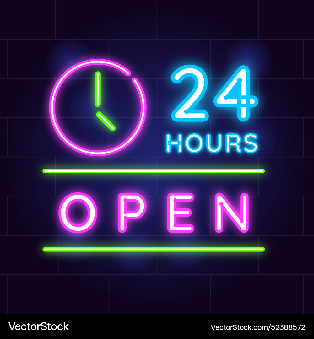 Neon open twenty-four hours sign Royalty Free Vector Image