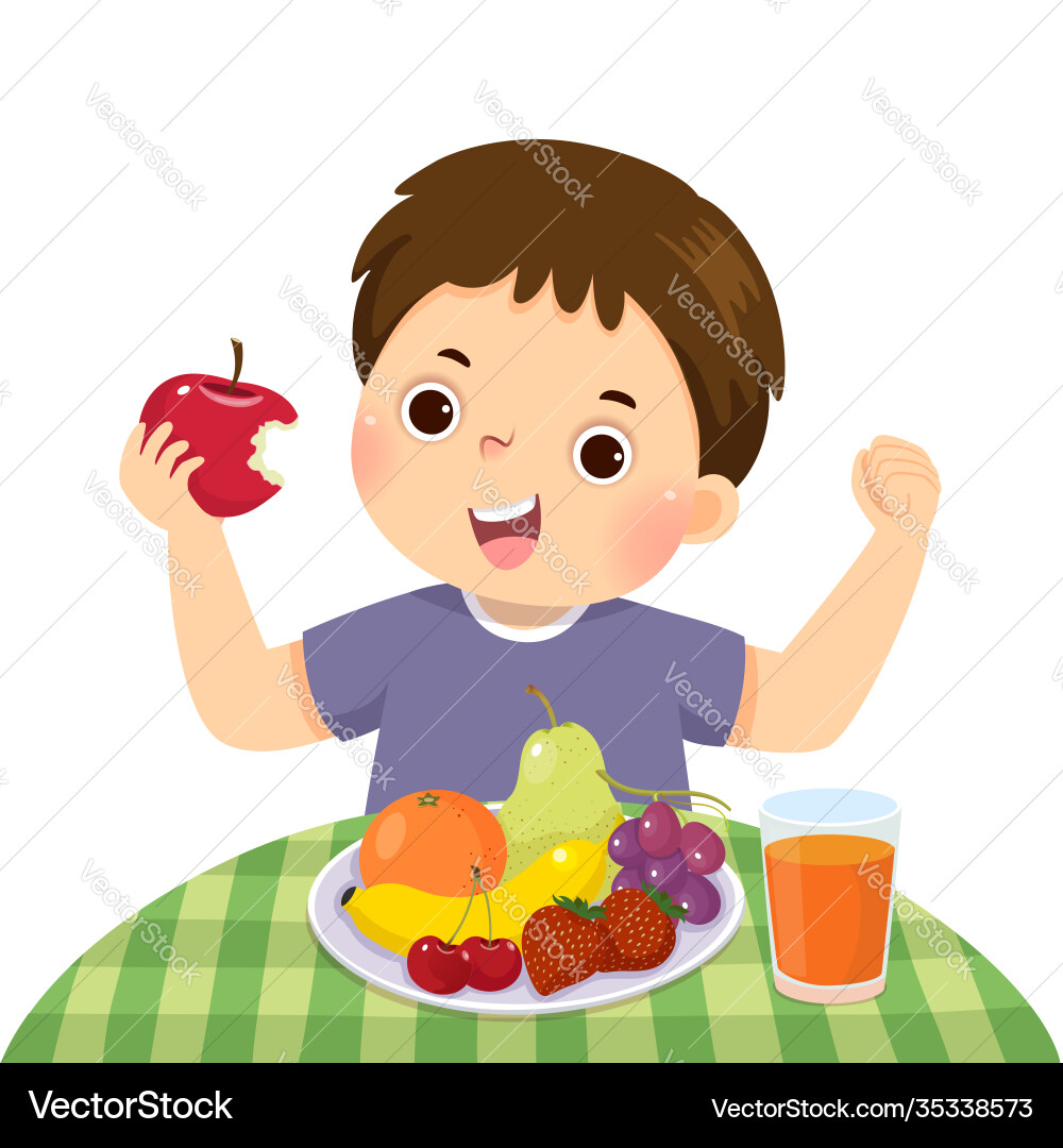 Little boy eating red apple Royalty Free Vector Image