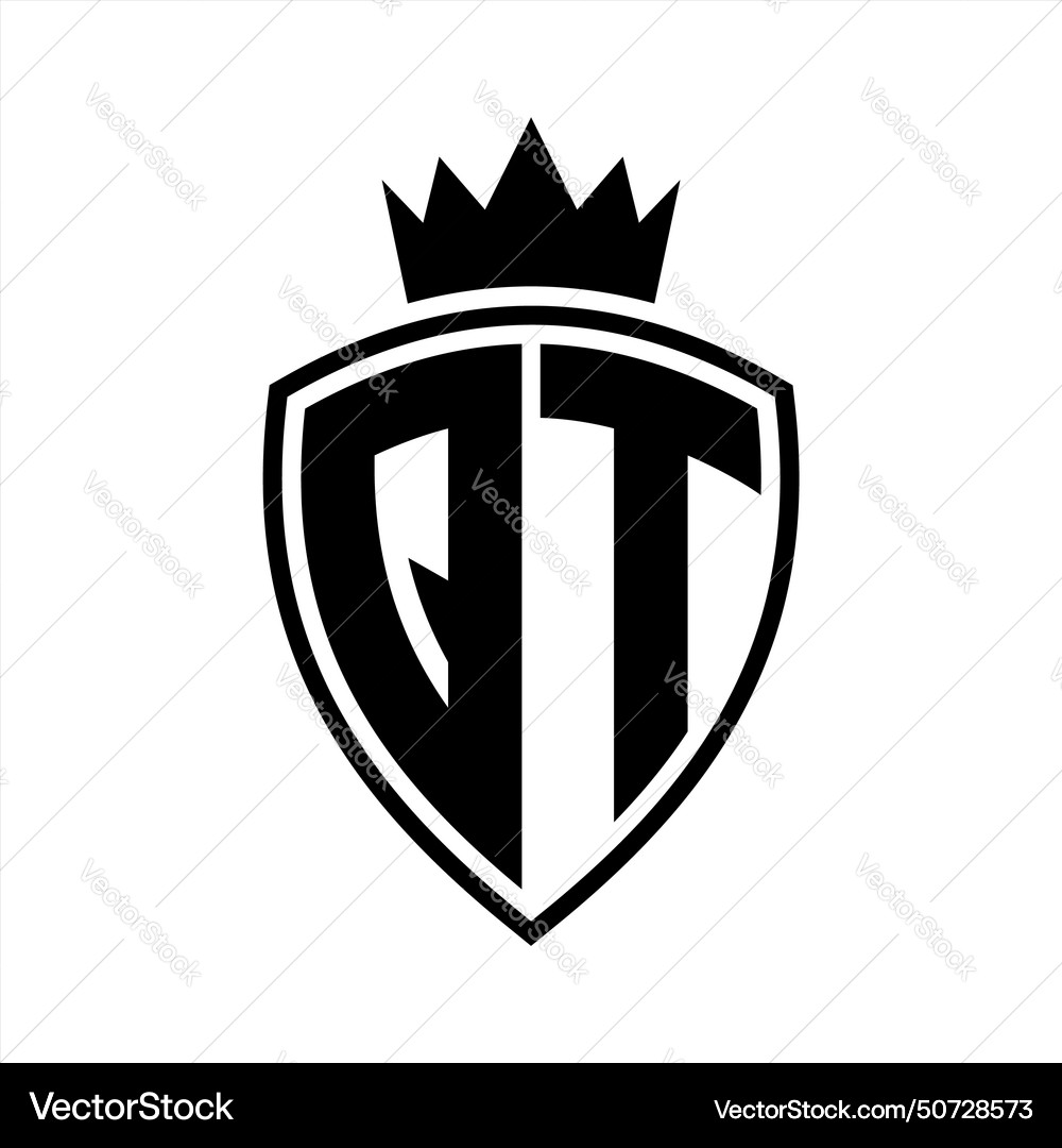 Qt letter monogram shield and crown outline shape Vector Image